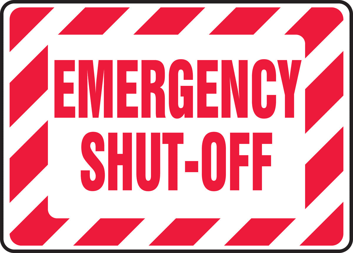 Accuform® 10" X 14" White And Red Plastic Safety Signs "EMERGENCY SHUT