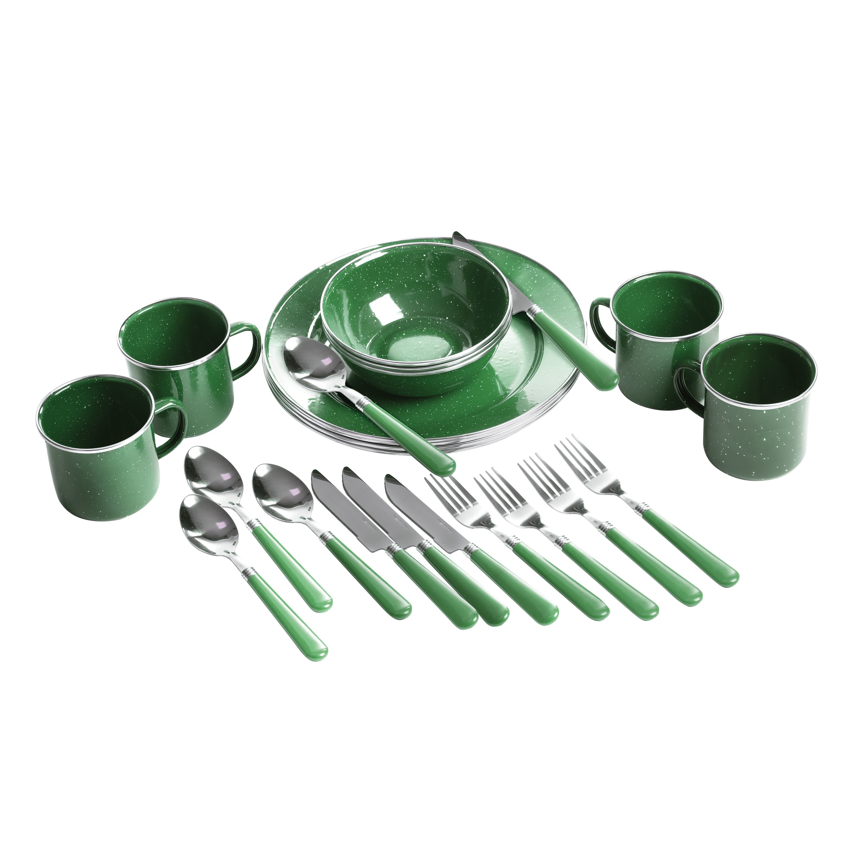 Enamel Camping Tableware Set - 24 Pieces - Green